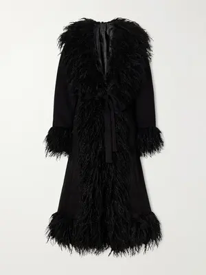Anna Sui Belted Plush-trimmed Woven Coat - Black