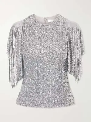 Rabanne Chainmail-trimmed Sequined Mesh Blouse