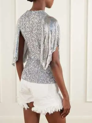 Rabanne Chainmail-trimmed Sequined Mesh Blouse