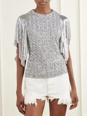 Rabanne Chainmail-trimmed Sequined Mesh Blouse - Silver