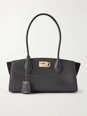 FERRAGAMO Studio East West Suede-trimmed Textured-leather Shoulder Bag