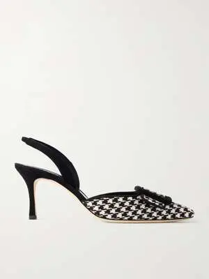 Manolo Blahnik Mayslibi 70 Suede-trimmed Houndstooth Slingback Pumps - Black