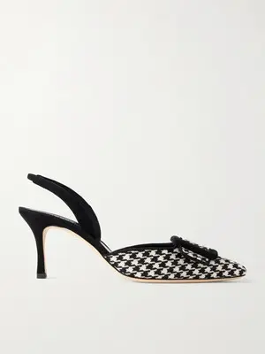 Manolo Blahnik Mayslibi 70 Suede-trimmed Houndstooth Slingback Pumps - Black