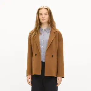 Theory Peplum Double-breasted Blazer In Double-face Wool-cashmere - Acacia Brown