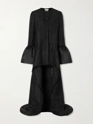 Alexander McQueen Asymmetric Satin-trimmed Metallic Long Coat - Black