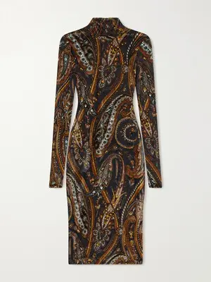Etro Printed Stretch-velvet Knee-length Dress - Brown