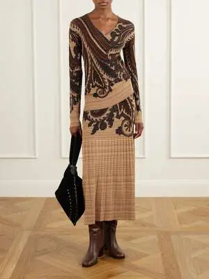 Etro Paisley Printed Plissé-knit Midi Skirt
