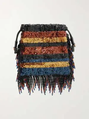 Etro Kalispera Fringed Bead-embellished Leather-trimmed Sequined Drawstring Bag