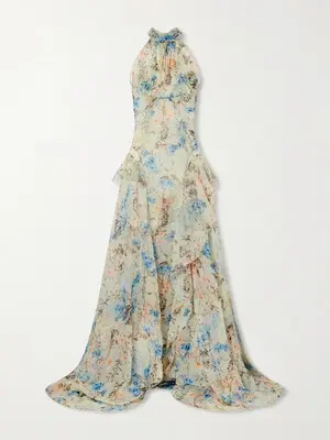 Alexander McQueen Floral-print Pleated Silk-organza Maxi Dress - Green