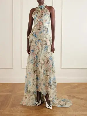 Alexander McQueen Floral-print Pleated Silk-organza Maxi Dress - Green