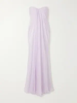 Alexander McQueen Strapless Draped Silk Bustier Maxi Dress - Purple