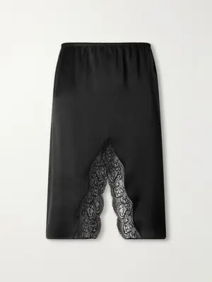Saint Laurent Lace-trimmed Silk-satin Midi Skirt - Black
