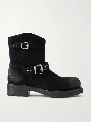 SECOND / LAYER 8" Rider Studded Suede Biker Boots - Black