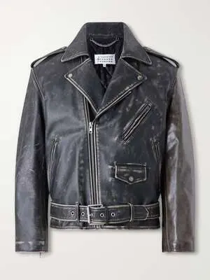 MAISON MARGIELA Belted Distressed Leather Biker Jacket