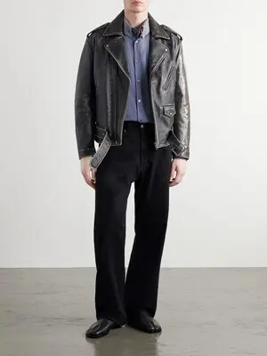 MAISON MARGIELA Belted Distressed Leather Biker Jacket - Brown