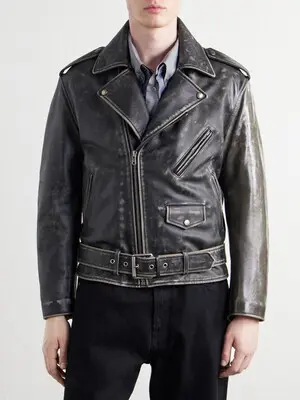 MAISON MARGIELA Belted Distressed Leather Biker Jacket - Brown