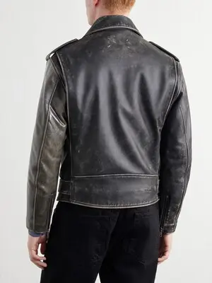 MAISON MARGIELA Belted Distressed Leather Biker Jacket - Brown