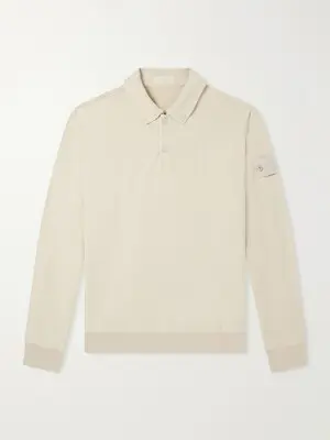 Stone Island Ghost Logo-appliquéd Garment-dyed Stretch Cotton-fleece Polo Shirt - Neutrals