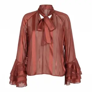 MODENAIRE Sheer Blouse With Tie Neck Detail And Tiered Bell Sleeves - Orange