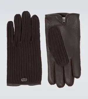 Agnona Ribbed-knit Cashmere And Leather Gloves - Brown