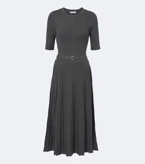 Veronica Beard Elthea Belted Ribbed-knit Midi Dress Grey