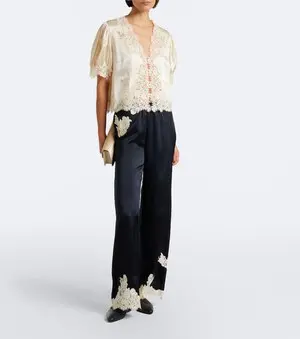 DÔEN Lavon Lace-trimmed Silk Satin Straight Pants