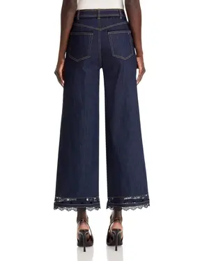 Cinq À Sept Benji Guipure Lace Trim Mid Rise Wide Leg Jeans