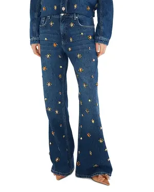 Farm Rio Gem Embellished High Rise Flare Jeans - Denim