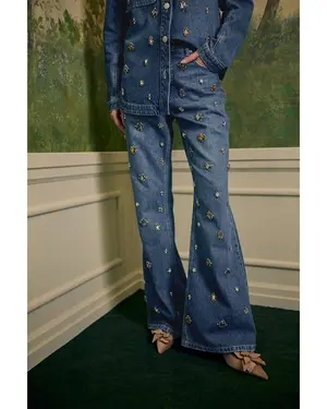Farm Rio Gem Embellished High Rise Flare Jeans