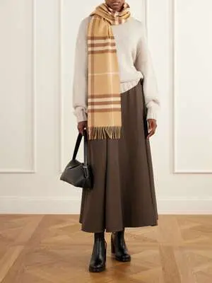 Burberry Fringed Checked Cashmere Scarf - Beige