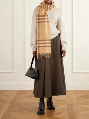 Burberry Fringed Checked Cashmere Scarf - Neutrals