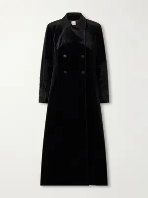 Loretta Caponi Rose Embroidered Velvet Coat - Black
