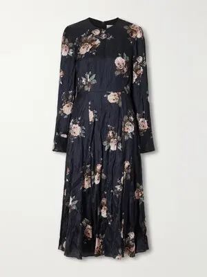 Erdem Floral-print Crinkled-satin Midi Dress - Black