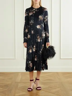 Erdem Floral-print Crinkled-satin Midi Dress - Black