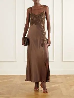 Loretta Caponi Grimilde Lace-trimmed Silk Maxi Dress - Brown