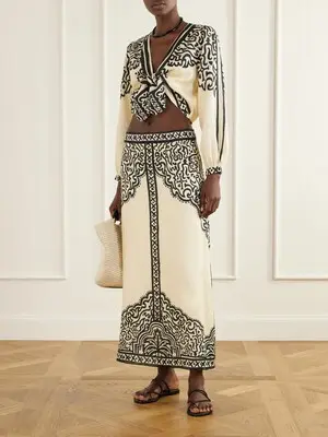 Johanna Ortiz Ancient Markings Tie-detailed Printed Linen Cropped Top - Neutrals