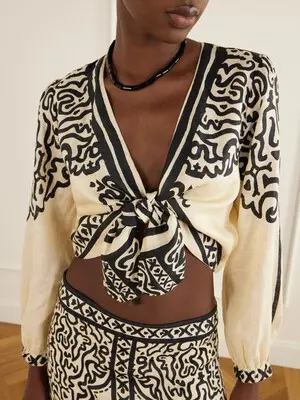 Johanna Ortiz Ancient Markings Tie-detailed Printed Linen Cropped Top - Neutrals