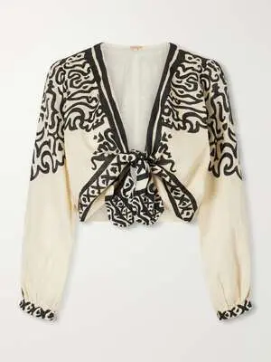 Johanna Ortiz Ancient Markings Tie-detailed Printed Linen Cropped Top - Off-white