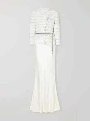 SELF-PORTRAIT Belted Satin And Bouclé Maxi Dress