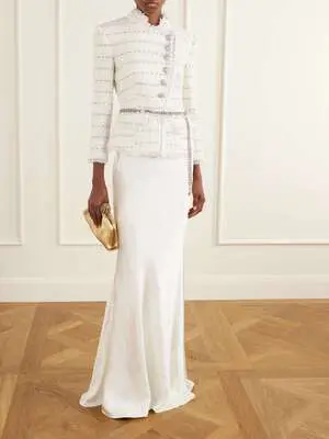 SELF-PORTRAIT Belted Satin And Bouclé Maxi Dress