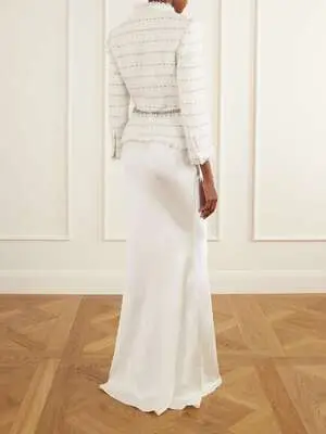 SELF-PORTRAIT Belted Satin And Bouclé Maxi Dress