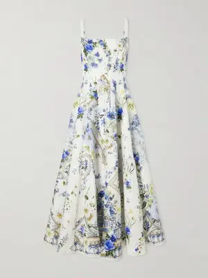 Camilla Embellished Floral-print Linen And Silk-blend Midi Dress - White