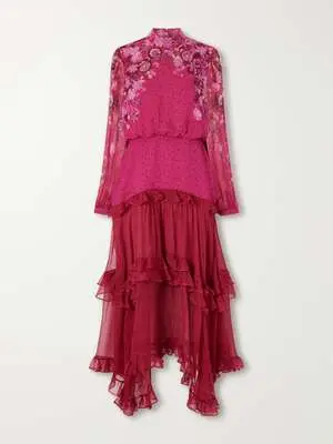 Saloni Jolie-c Asymmetric Tiered Floral-print Silk-georgette Maxi Dress - Pink