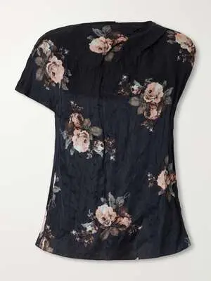 Erdem Asymmetric Draped Floral-print Metallic Crinkled-satin Blouse - Black