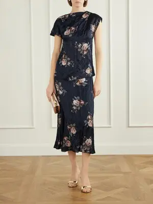 Erdem Asymmetric Draped Floral-print Metallic Crinkled-satin Blouse - Black