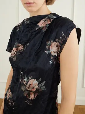 Erdem Asymmetric Draped Floral-print Metallic Crinkled-satin Blouse - Black
