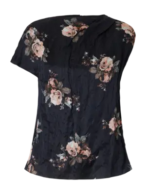 Erdem Asymmetric Draped Floral-print Metallic Crinkled-satin Blouse - Black