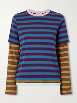 Staud Dillon Layered Striped Stretch Cotton-jersey T-shirt - Blue