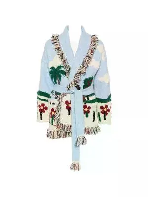 Alanui Fringe-trim Intarsia-knit Cardigan - Blue