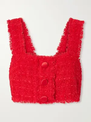 Dolce & Gabbana Cropped Frayed Metallic Cotton-blend Tweed Top - Red